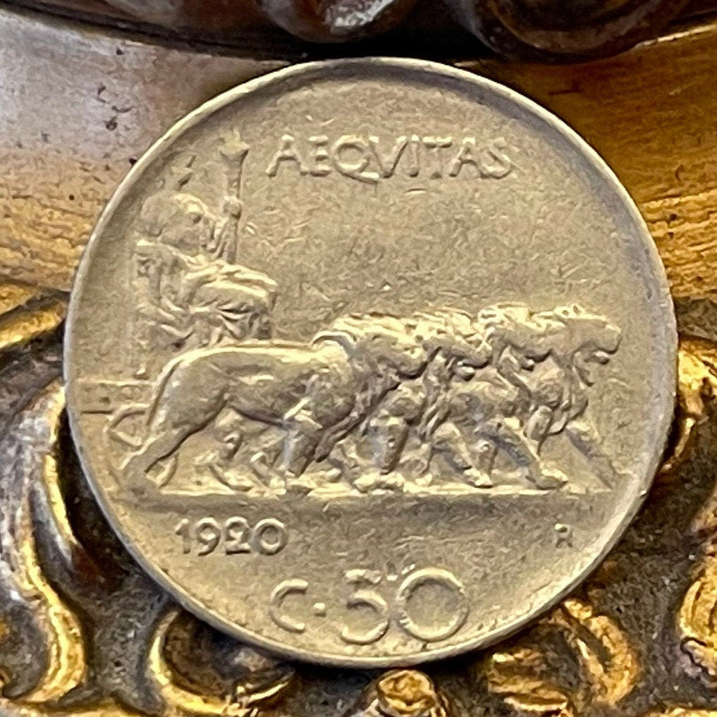 Goddess Aequitas in 4-Lion Chariot 50 Centesimi Italy Authentic Coin M ...